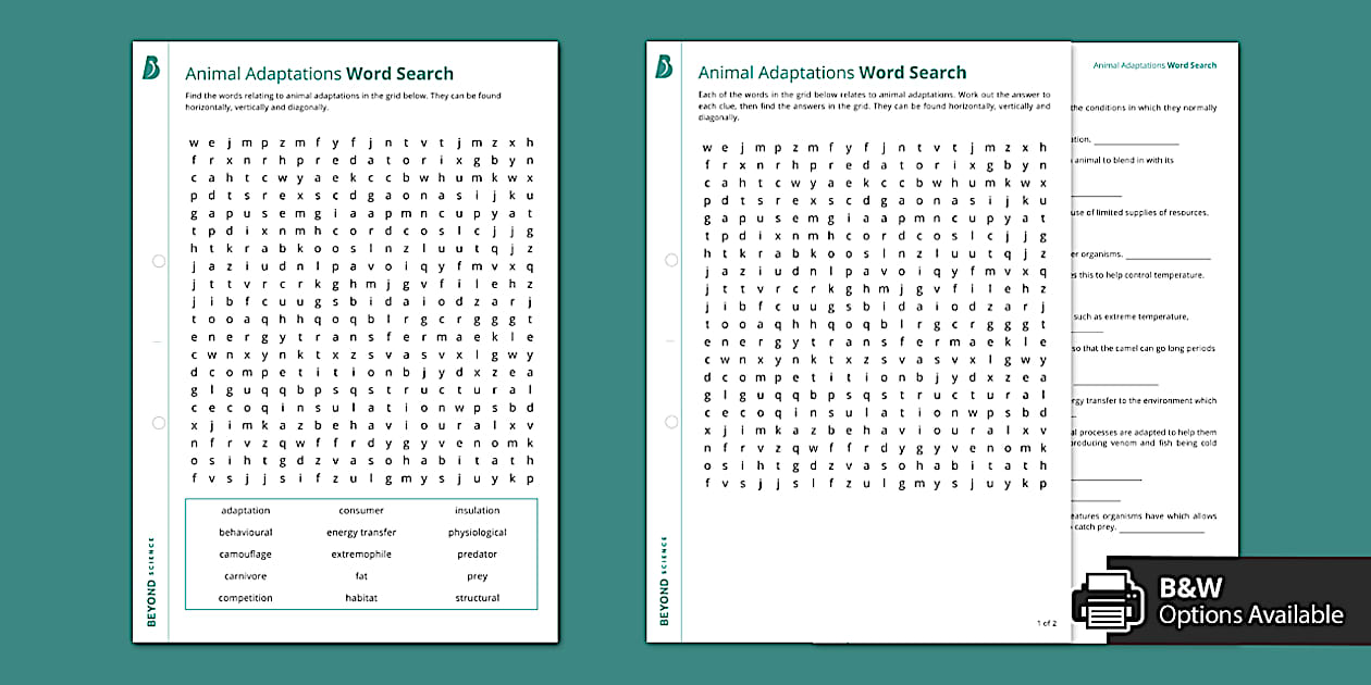 Animal Adaptations Word Search