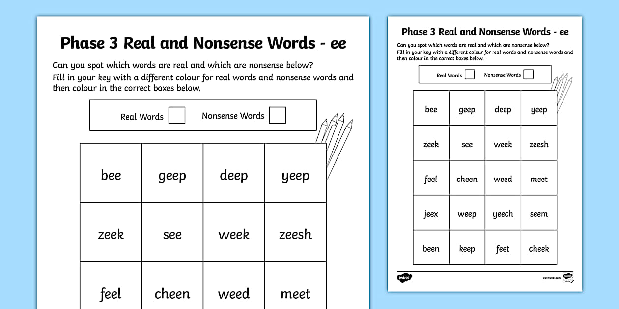 Phase 3 ee Colour by Phoneme Real and Nonsense Words Worksheet / Worksheet