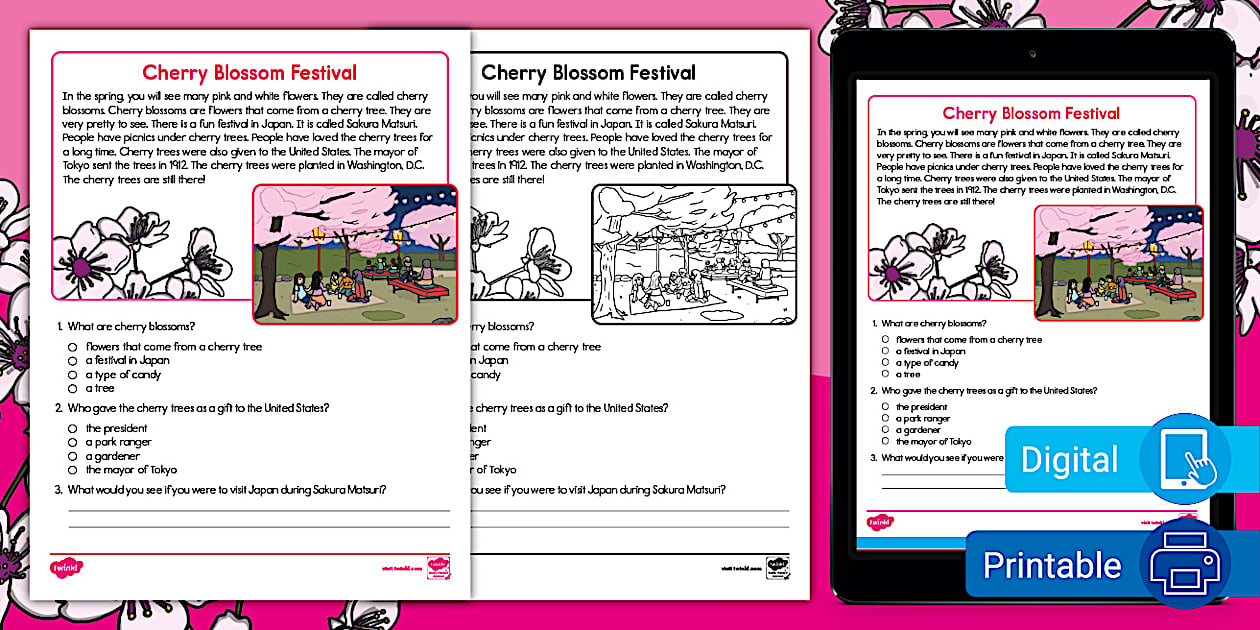 First Grade Cherry Blossom Festival Reading Passage Comprehension Worksheet