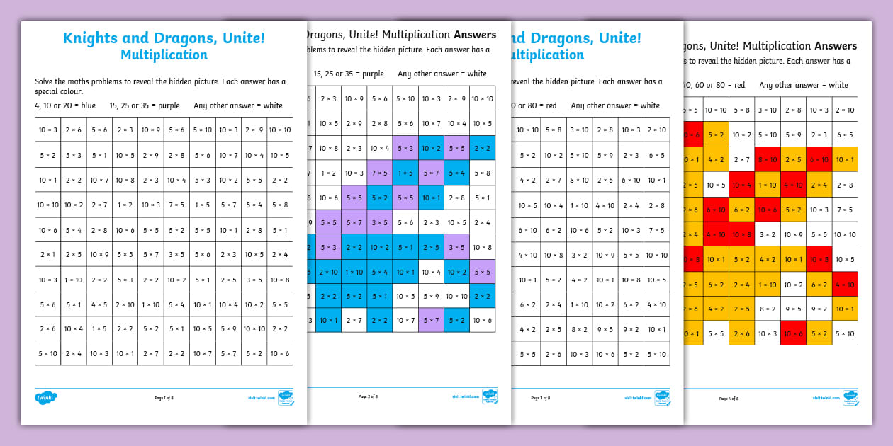 👉 Knights and Dragons, Unite! Themed Multiplication Mosaics