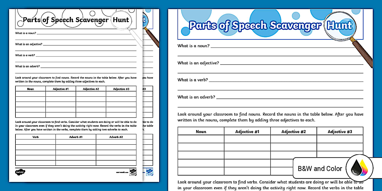 Third Grade Parts of Speech Scavenger Hunt Activity - Twinkl