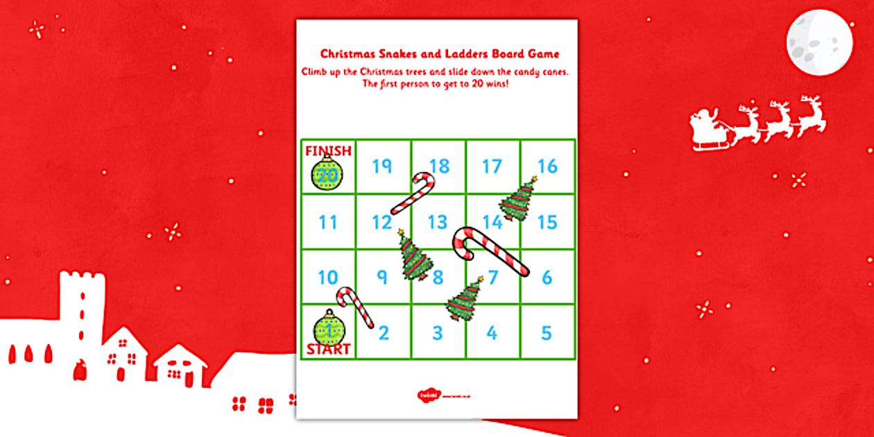 Snakes and Ladders Christmas Board Game 1 to 20 - Twinkl