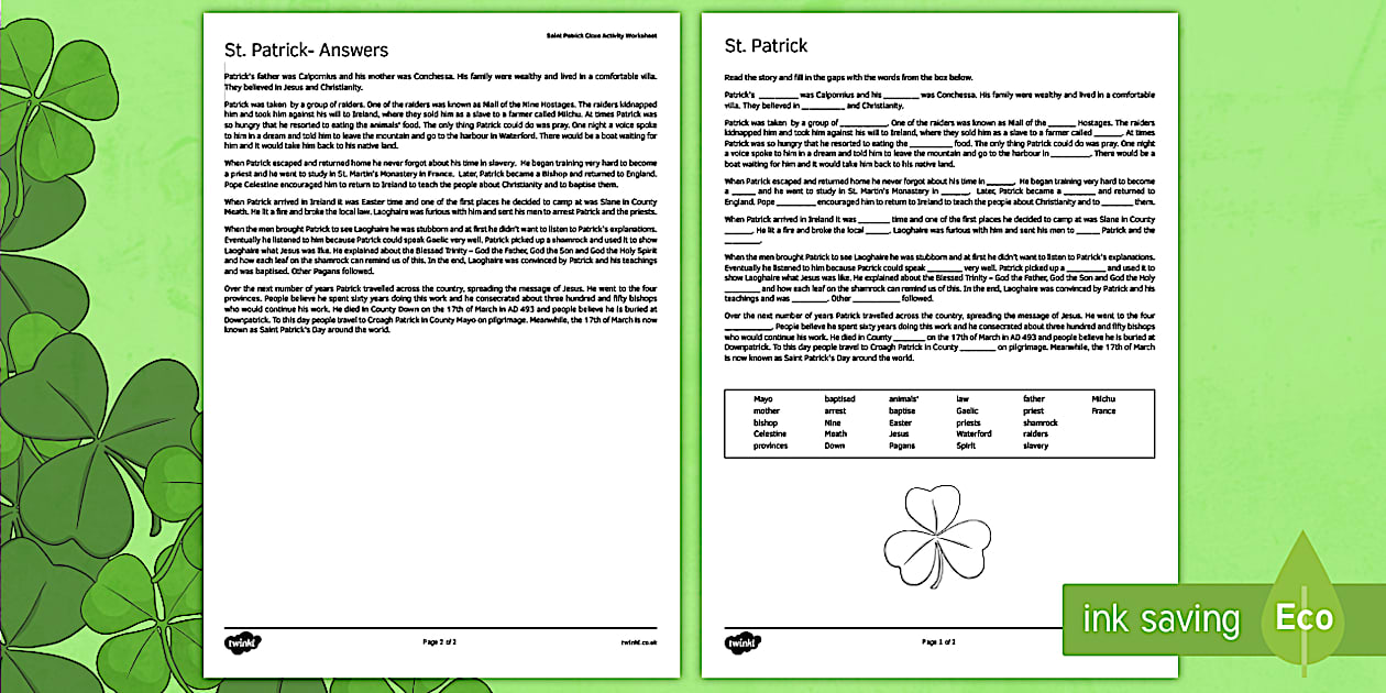 Saint Patrick Cloze Activity with Word Bank Fifth and Sixth Class