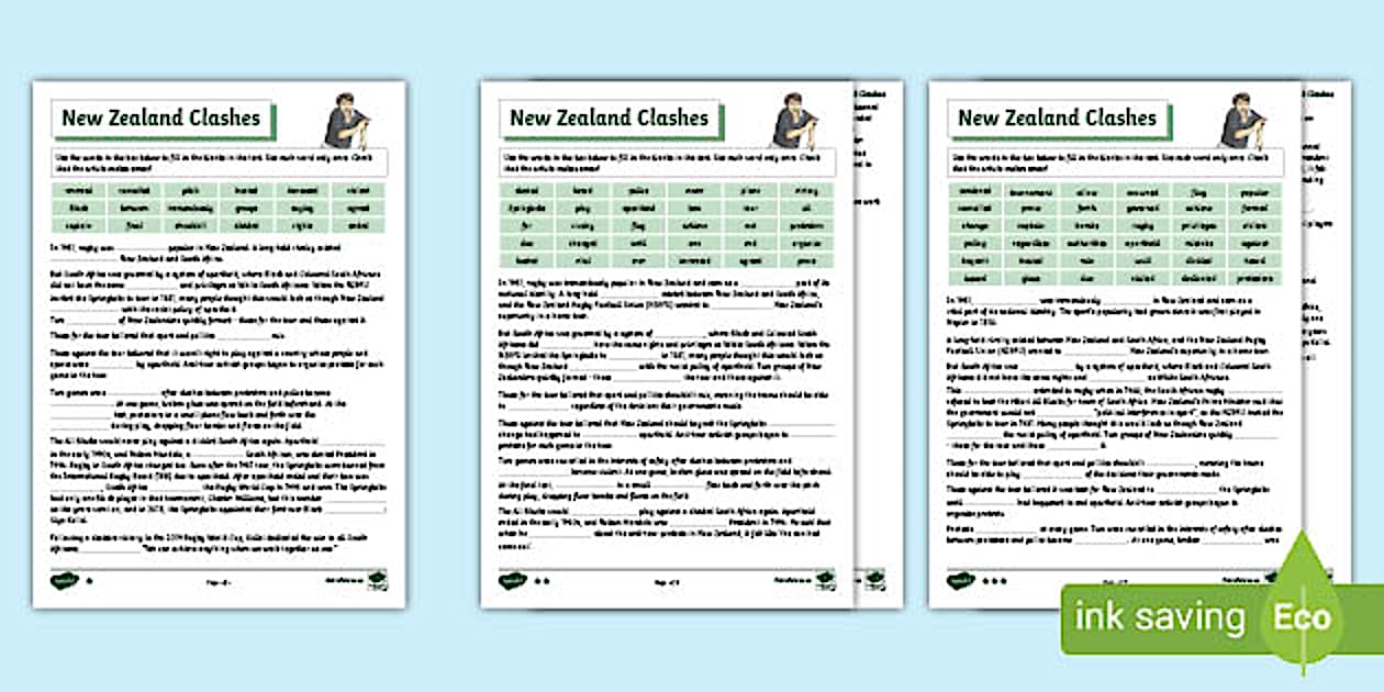 Year 5-8 Springbok Tour Cloze Activity