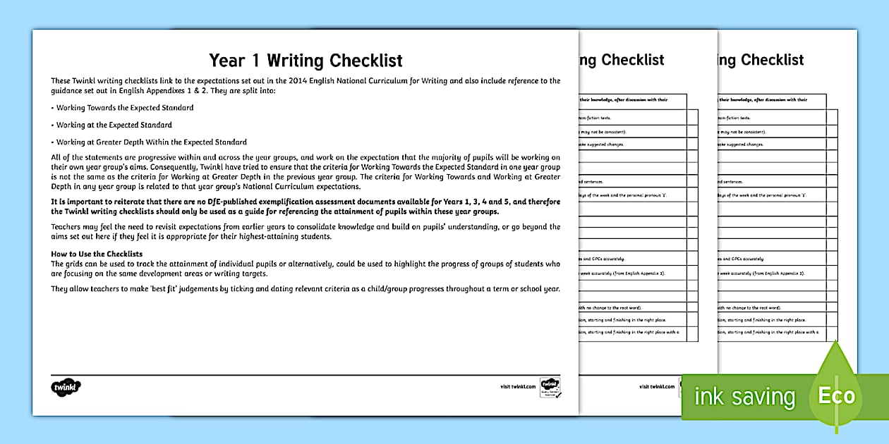 Year 1 Writing Checklist PDF Assessment Sheets | Primary