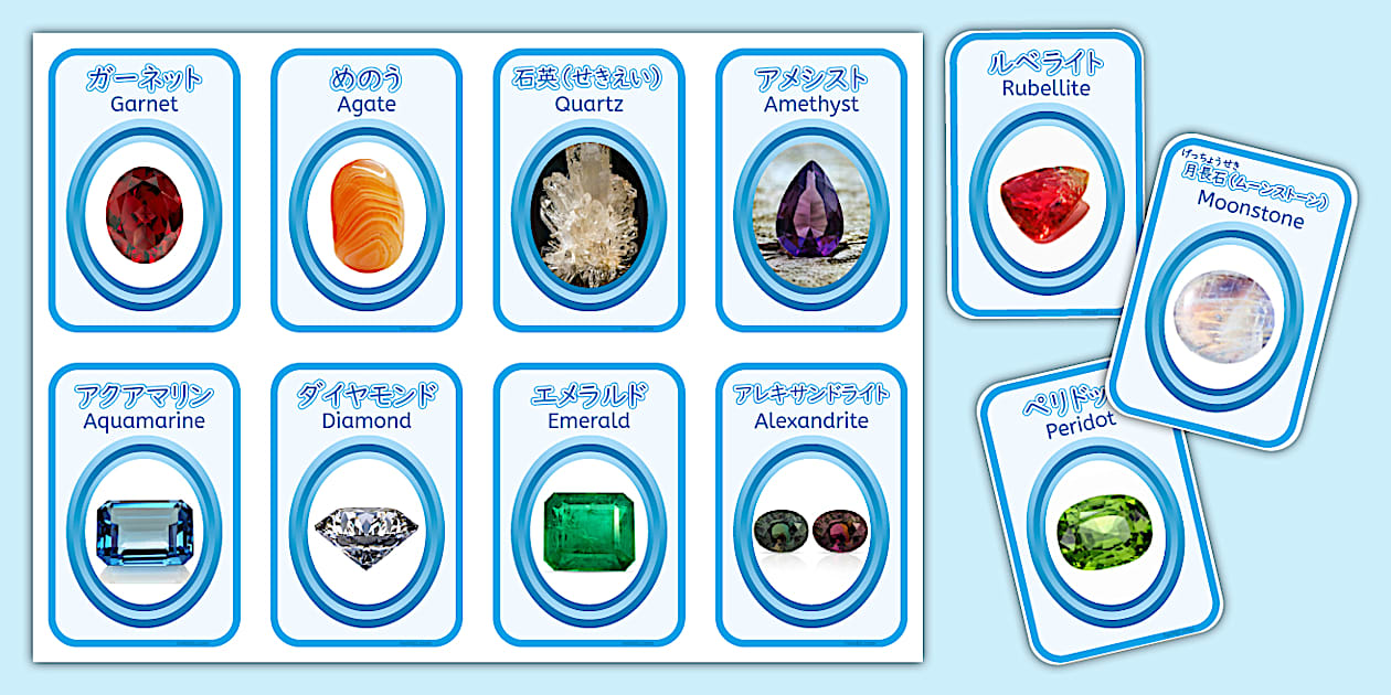 宝石の名前 宝物 写真付きバイリンガルカード｜Gems Japanese Names｜Twinkl