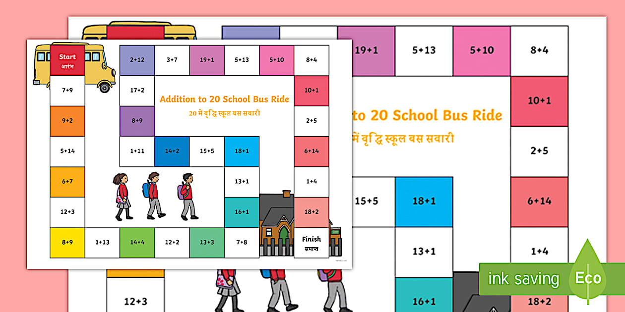 Addition within 20 Bus Board Game English/Hindi - Addition within 20 Bus Board