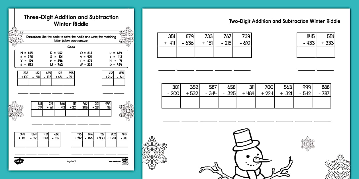 2nd Grade Three-Digit Addition & Subtraction Winter Riddle