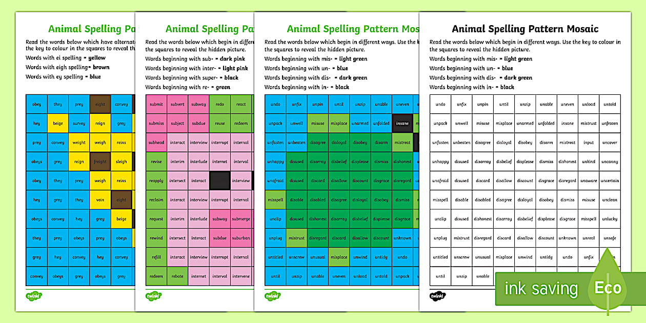 LKS2 Animal Spelling Patterns Mosaic Activity Pack - Twinkl