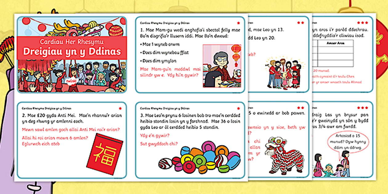 Cardiau Her Rhesymu Blwyddyn 2 Dreigiau yn y Ddinas - Twinkl