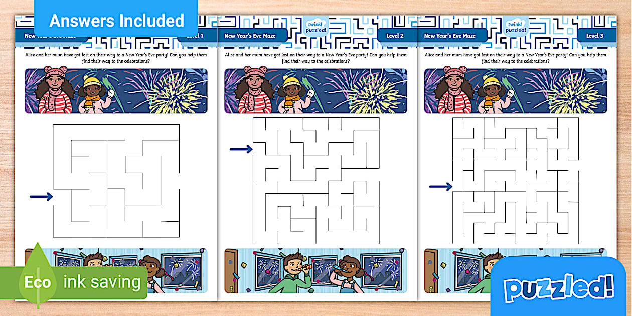 Fun New Year's Eve Maze Puzzle - Twinkl Puzzled - AL - kids