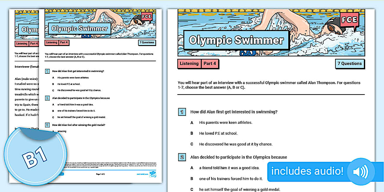 B2 First (FCE) - Listening Part 4 - Practice Sheet (Olympic Swimmer)