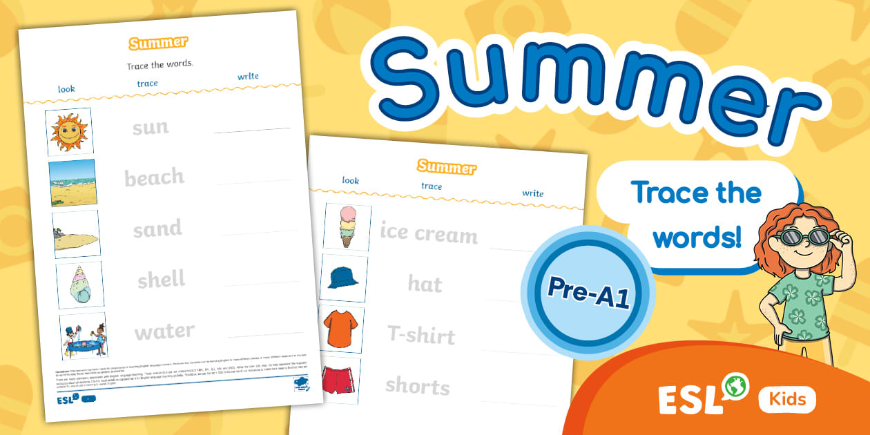 ESL Summer Word Tracing Activity Sheet (teacher made)