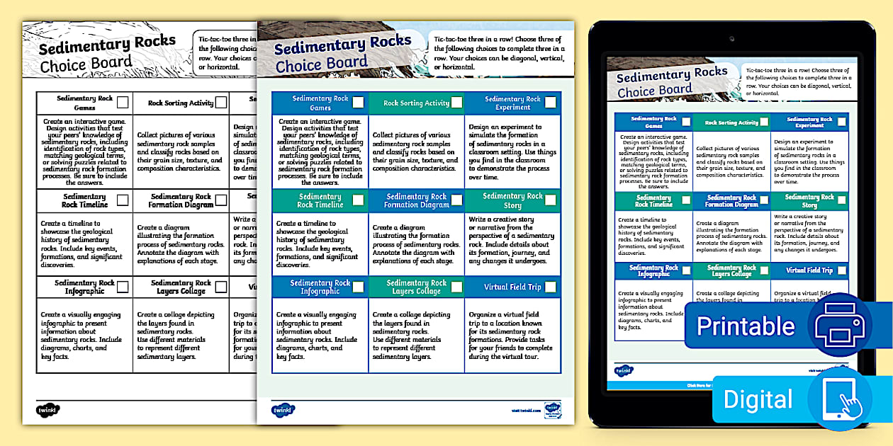 Sedimentary Rocks Choice Board for 6th-8th Grade - Twinkl
