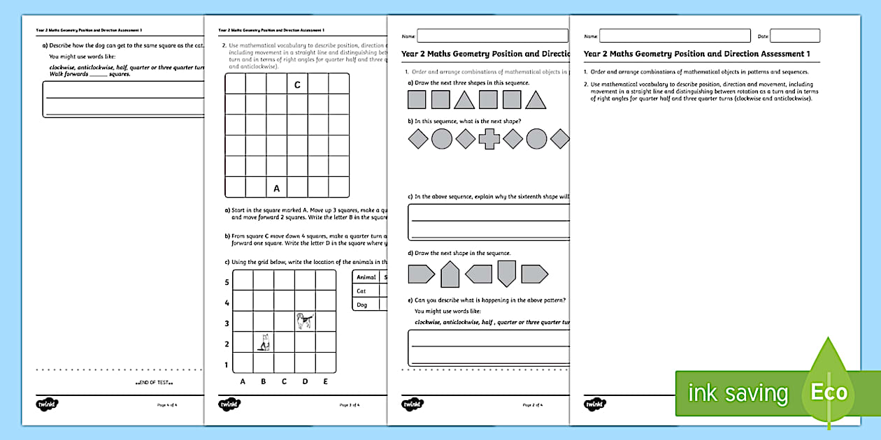 Year 2 Maths Geometry Position and Direction Assessment 1