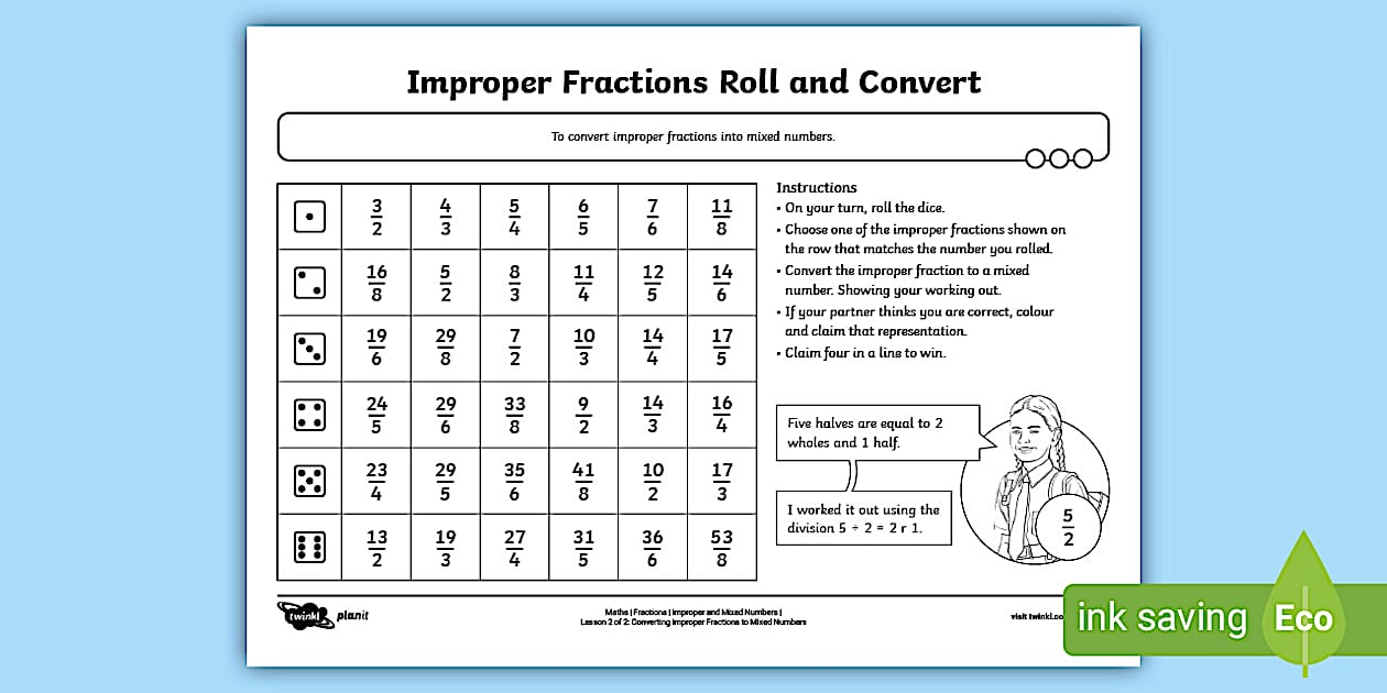 👉 Convert Improper Fractions to Mixed Numbers: Dice Game