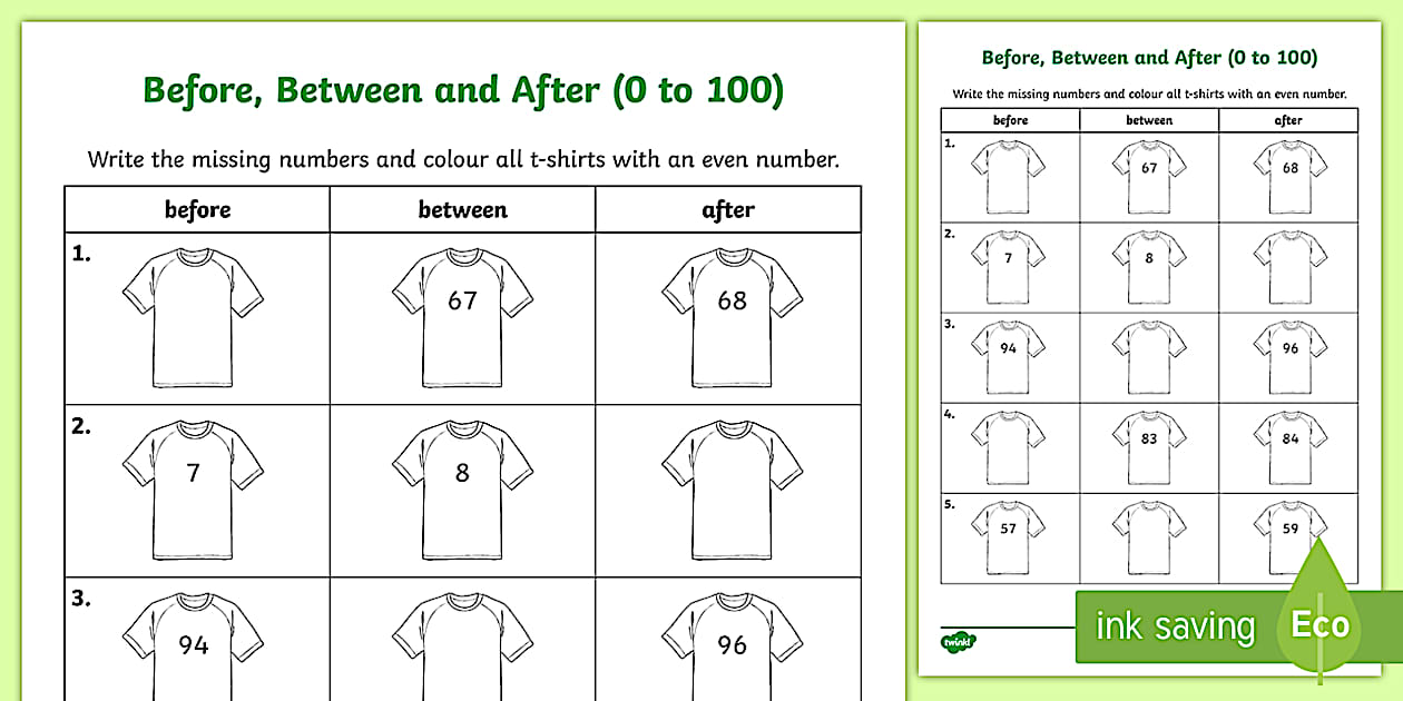 Algebra Extending Patterns (Before, Between and After 0-100) Worksheet