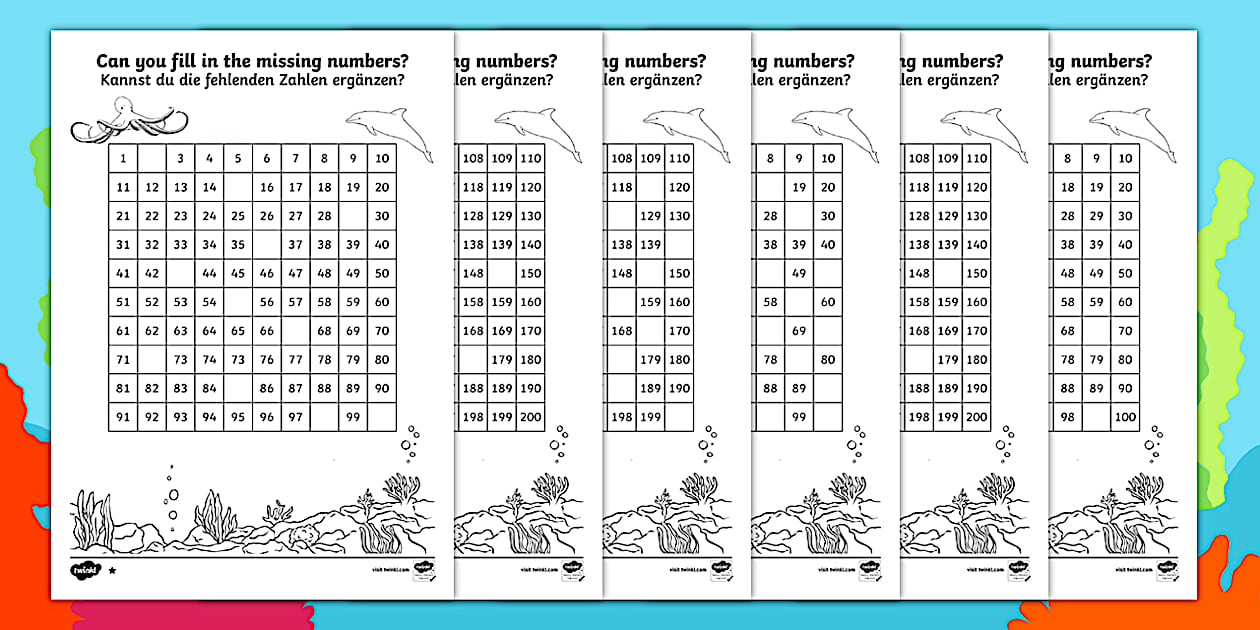 Under the Sea Missing Numbers - Number Square English/German