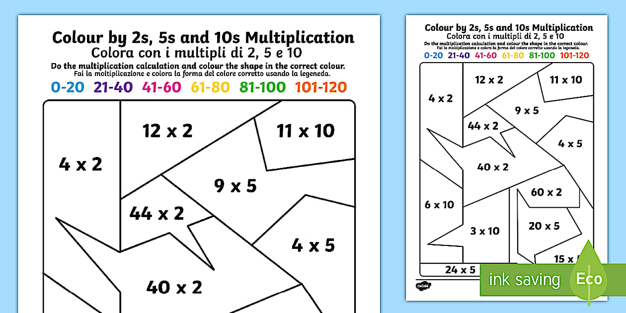 Mixed Color by 2s, 5s and 10s Multiplication Worksheet / Worksheet