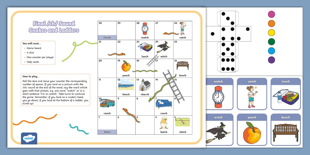 Final /ch/ Sound Snakes and Ladders (teacher made) - Twinkl
