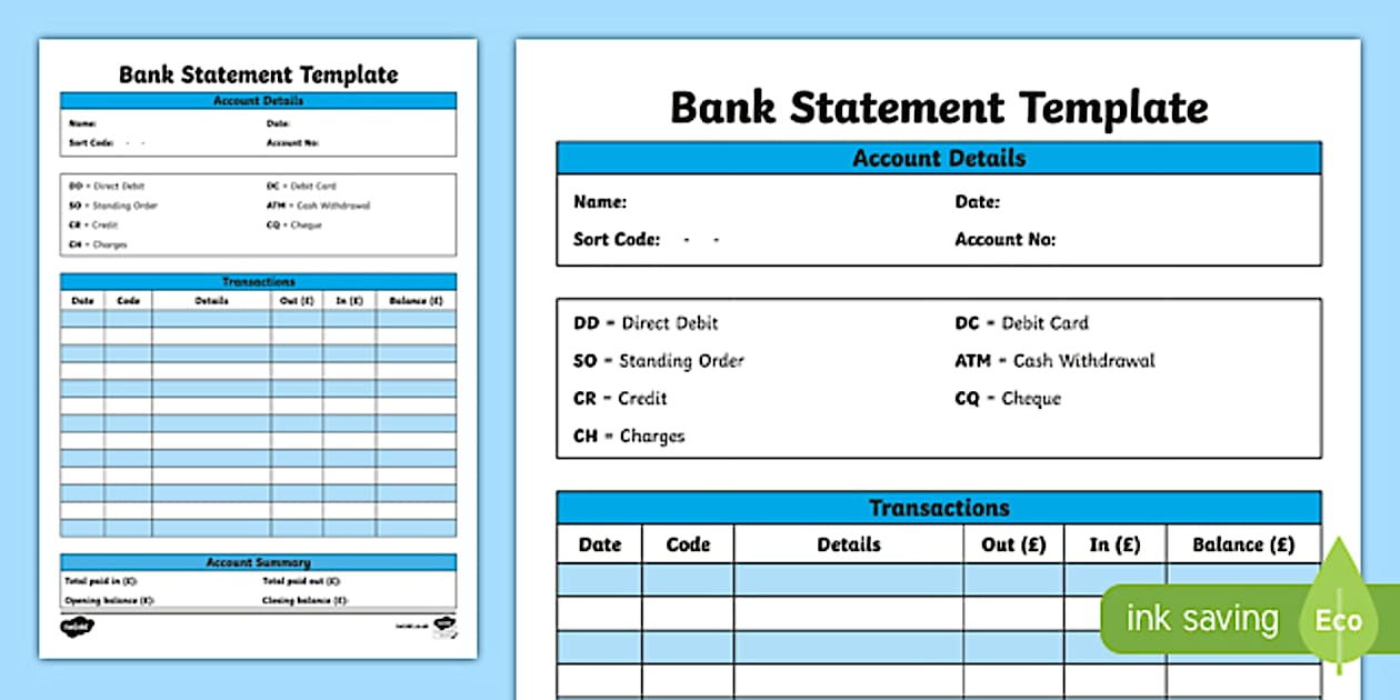 Bank Statement Template for Children - Primary CfE Resource