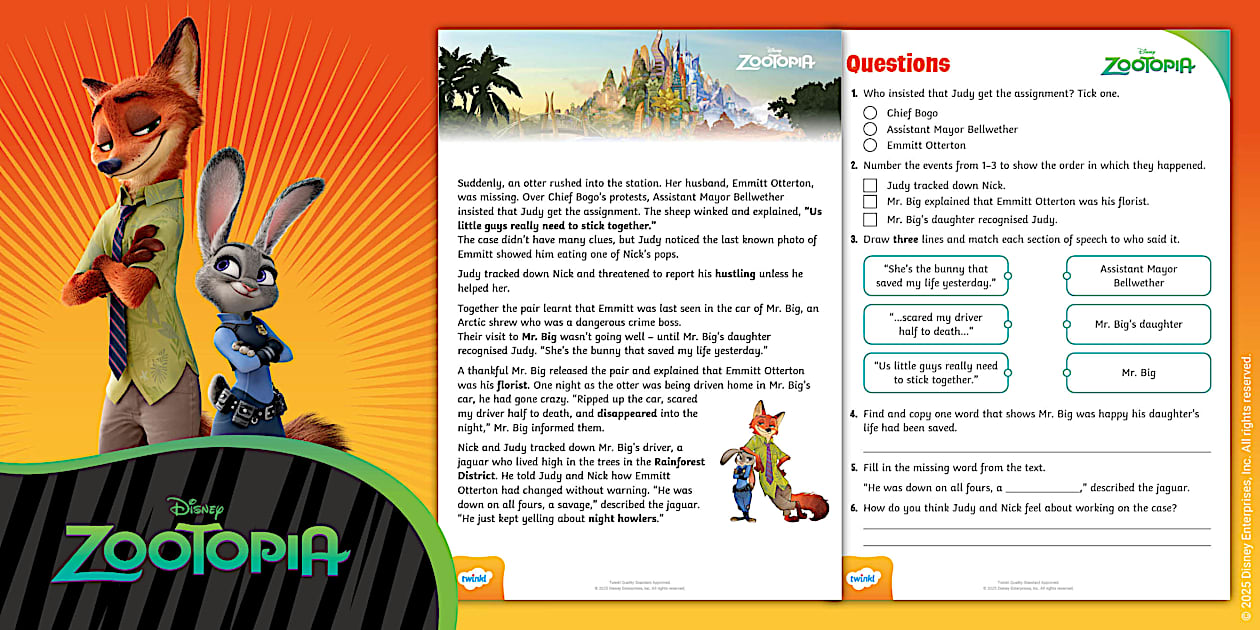 Zootopia: Reading Comprehension [Ages 5-7]