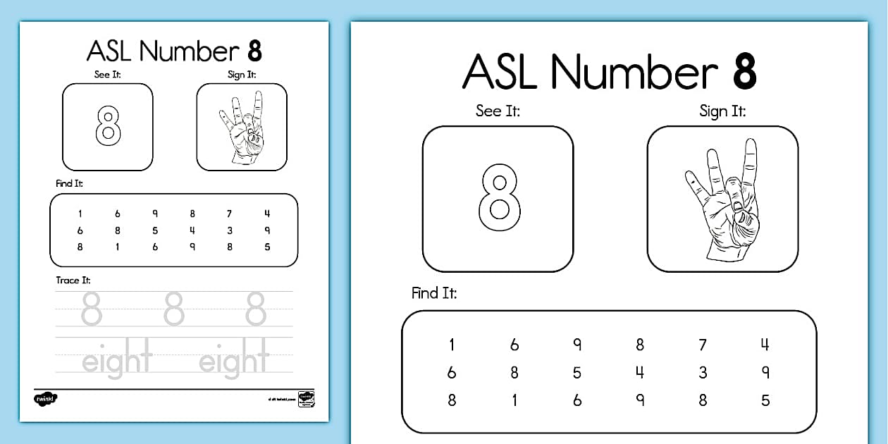 ASL Number 8 Worksheet (teacher made) - Twinkl