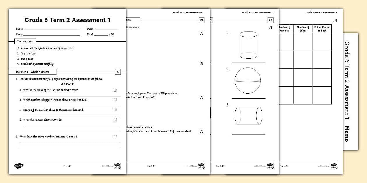 Grade 6 Term 2 Assessment 1 – Maths (teacher made)