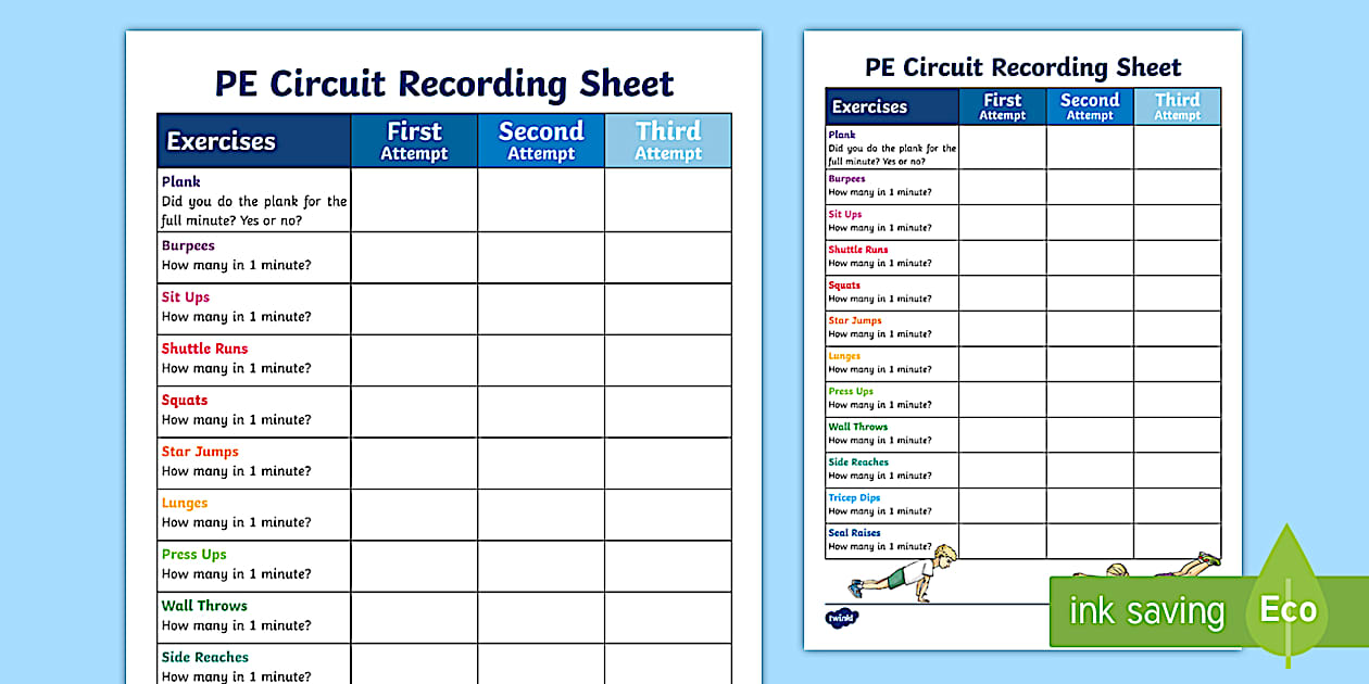 Editable PE Circuit Recording Worksheet (teacher made)