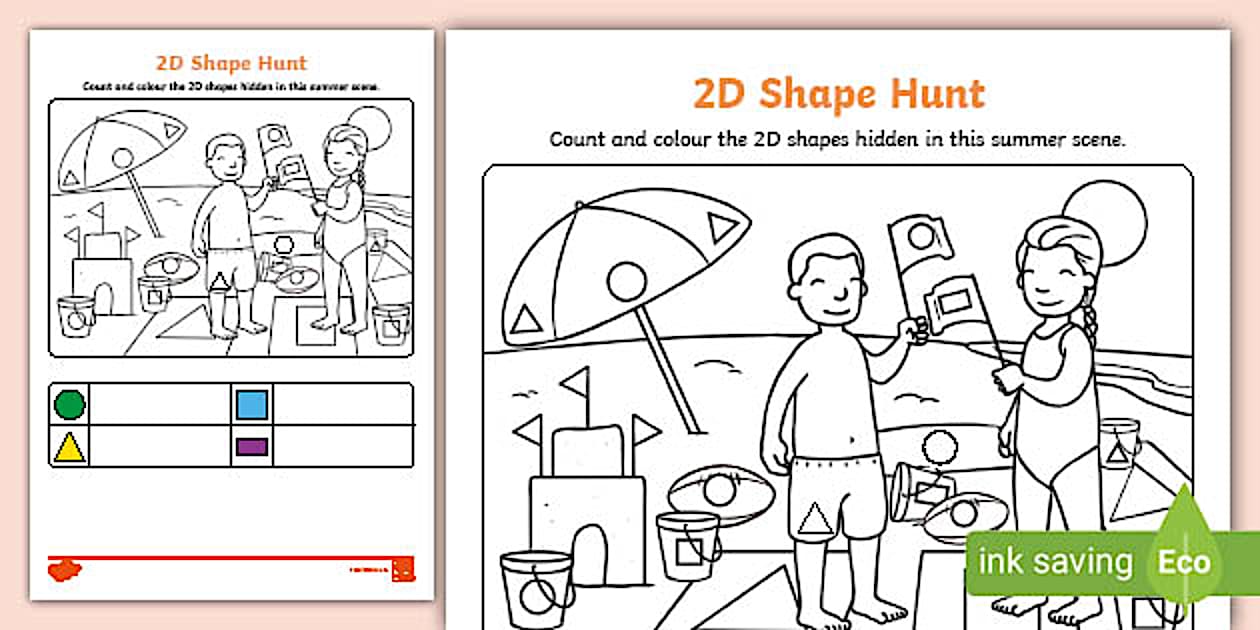 Black and White Summer-Themed 2D Shape Hunt Worksheet