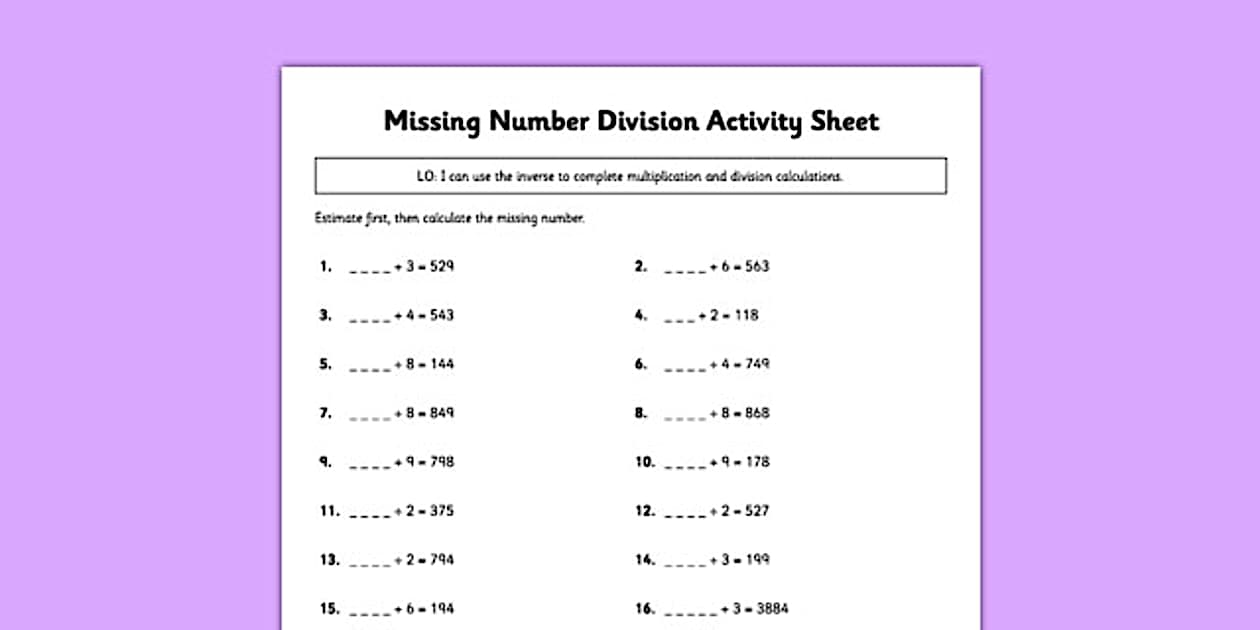 Editable Missing Number Division Worksheet (professor feito)