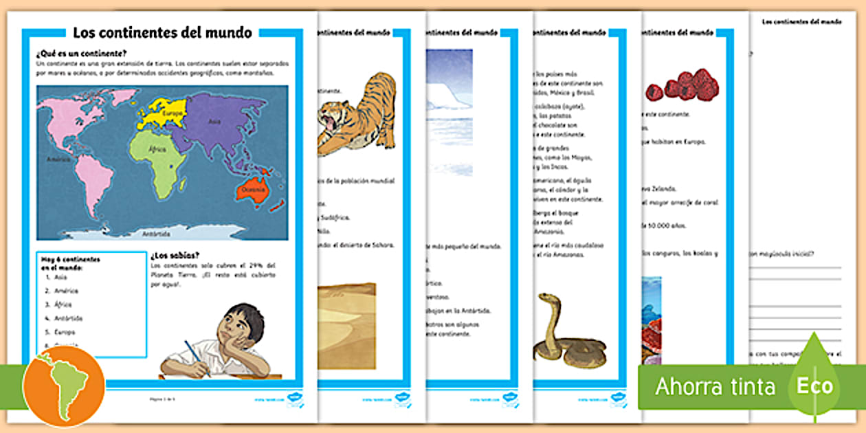 Comprensión lectora: Los continentes del mundo (modelo 6 continentes)