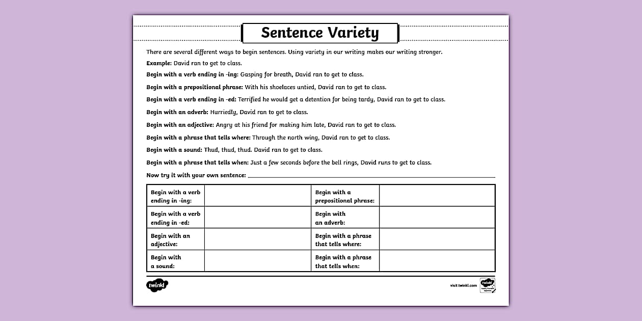 Sentence Variety Practice Worksheet for 6th-8th Grade