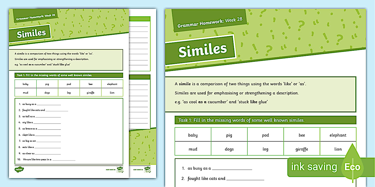 Grammar Homework Week 28 Similes 3rd/4th Class - Twinkl