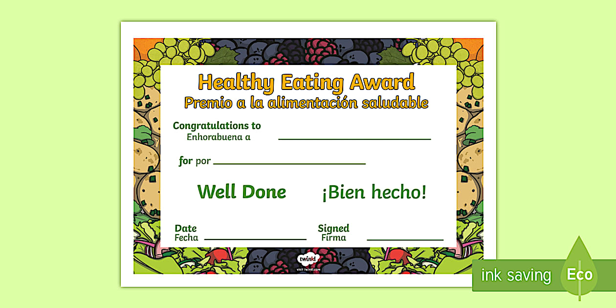 Healthy Eating Award Certificates English/Spanish - Twinkl