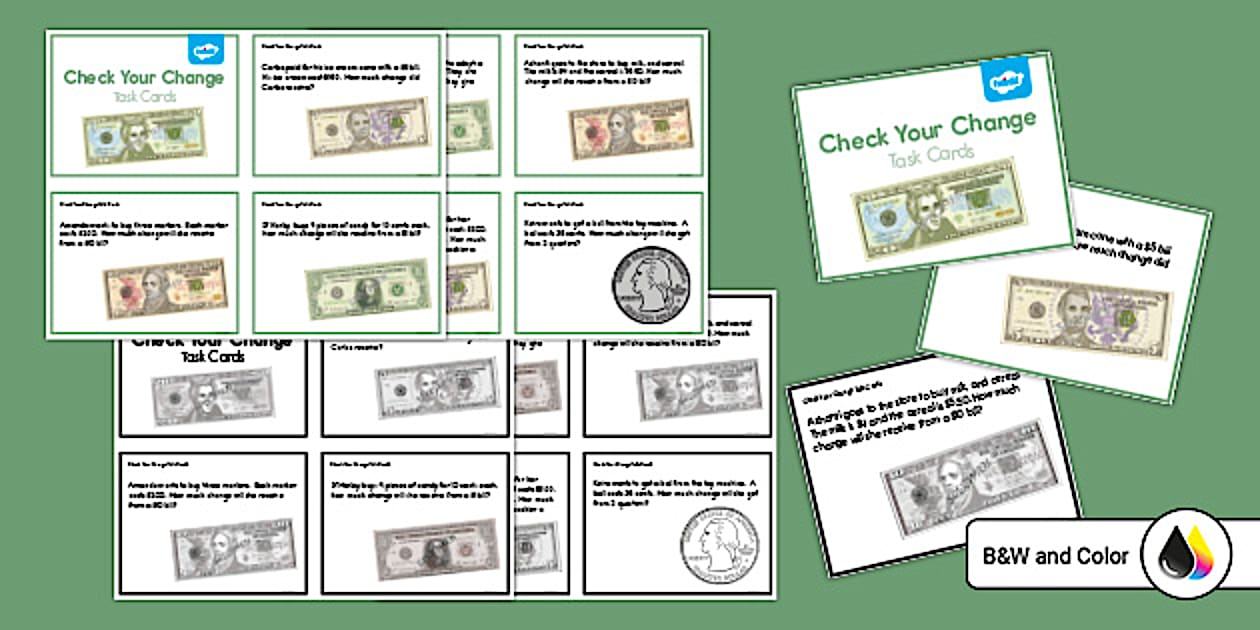 Second Grade Check Your Change Task Cards (teacher made)