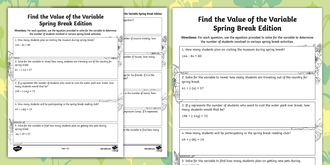 Fifth Grade Find the Value of the Variable Spring Edition