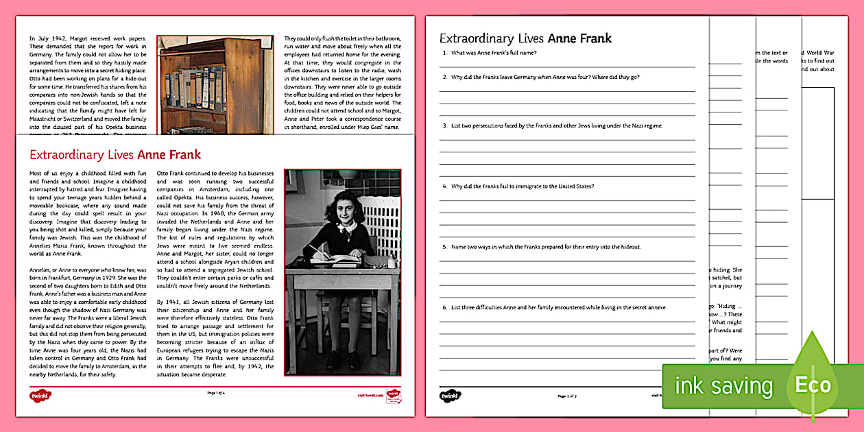 Extraordinary Lives: Anne Frank Reading Comprehension
