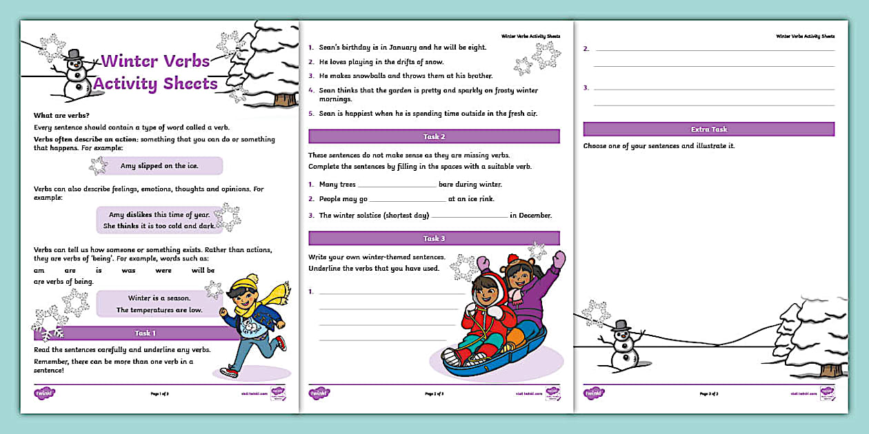 Winter Verbs Activity Sheets (teacher made) - Twinkl