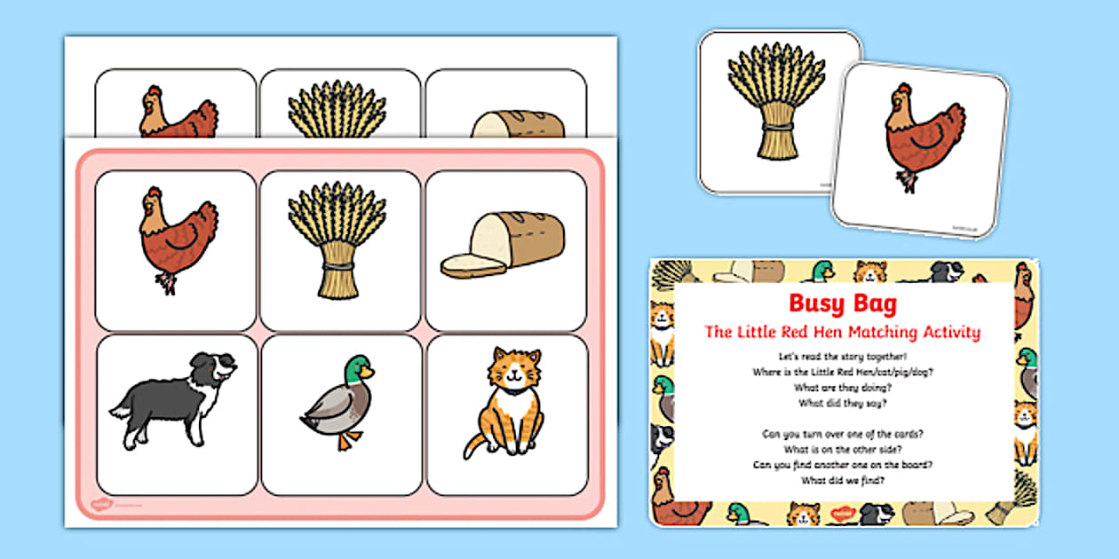 The Little Red Hen Matching Activity Busy Bag Prompt Card and Resource Pack