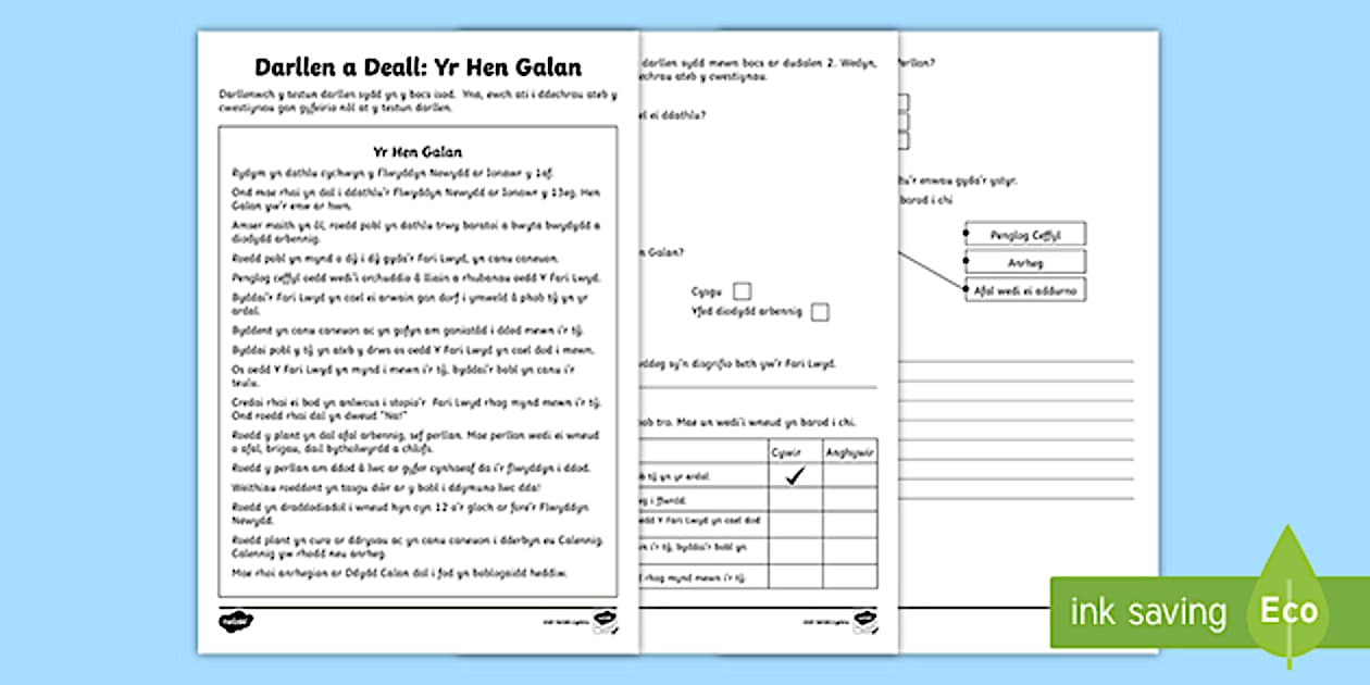 Darllen a Deall Hen Galan Blwyddyn 2 a 3 - Twinkl