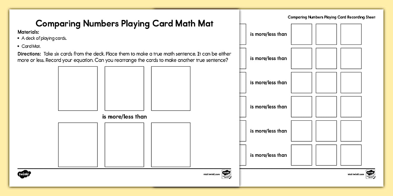 Comparing Numbers Playing Card Math Mat for K-2 Grade