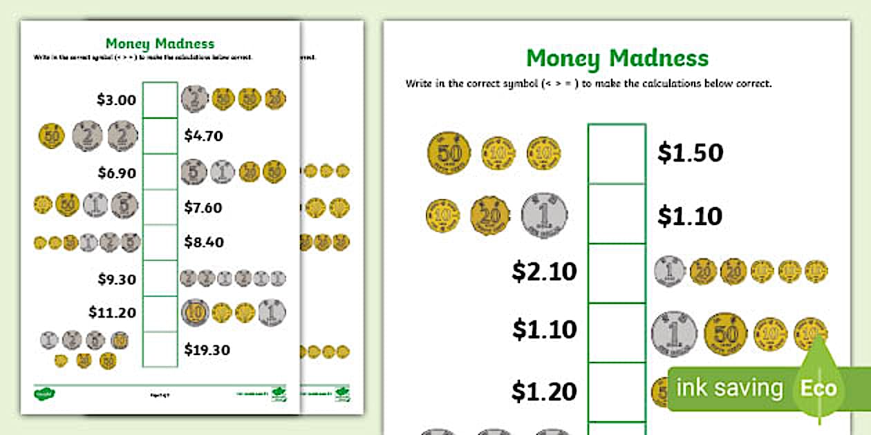 Hong Kong Money Madness Greater Than and Less Than Worksheet Pack