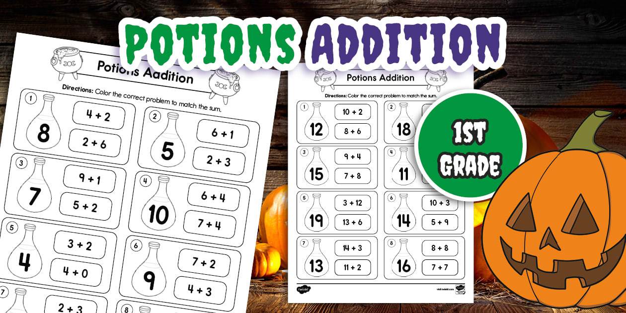 First Grade Halloween Potions Addition Worksheet - Twinkl