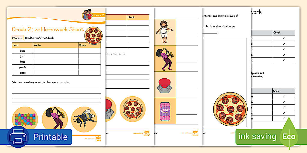 Grade 2 Phonics: -zz Homework Sheet (teacher made) - Twinkl