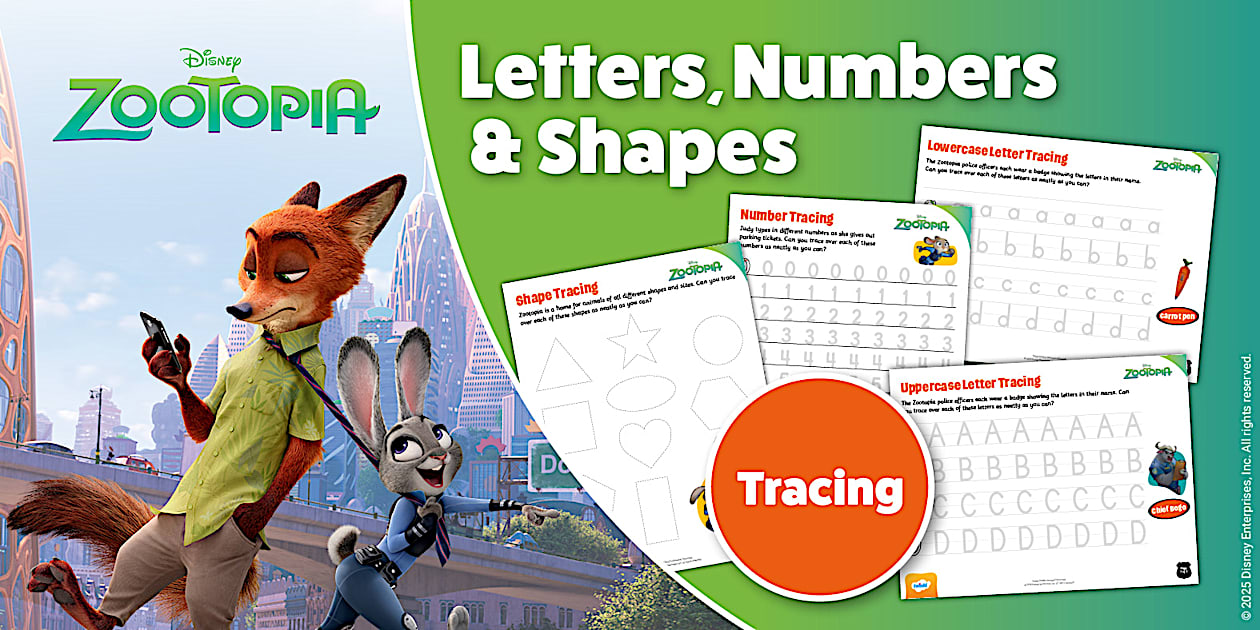 Zootopia: Letters, Numbers and Shapes Tracing Worksheets