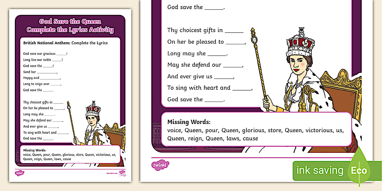 God Save the Queen Complete the Lyrics Activity Worksheet