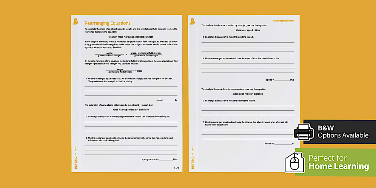 Rearranging Equations Independent Learning Worksheet