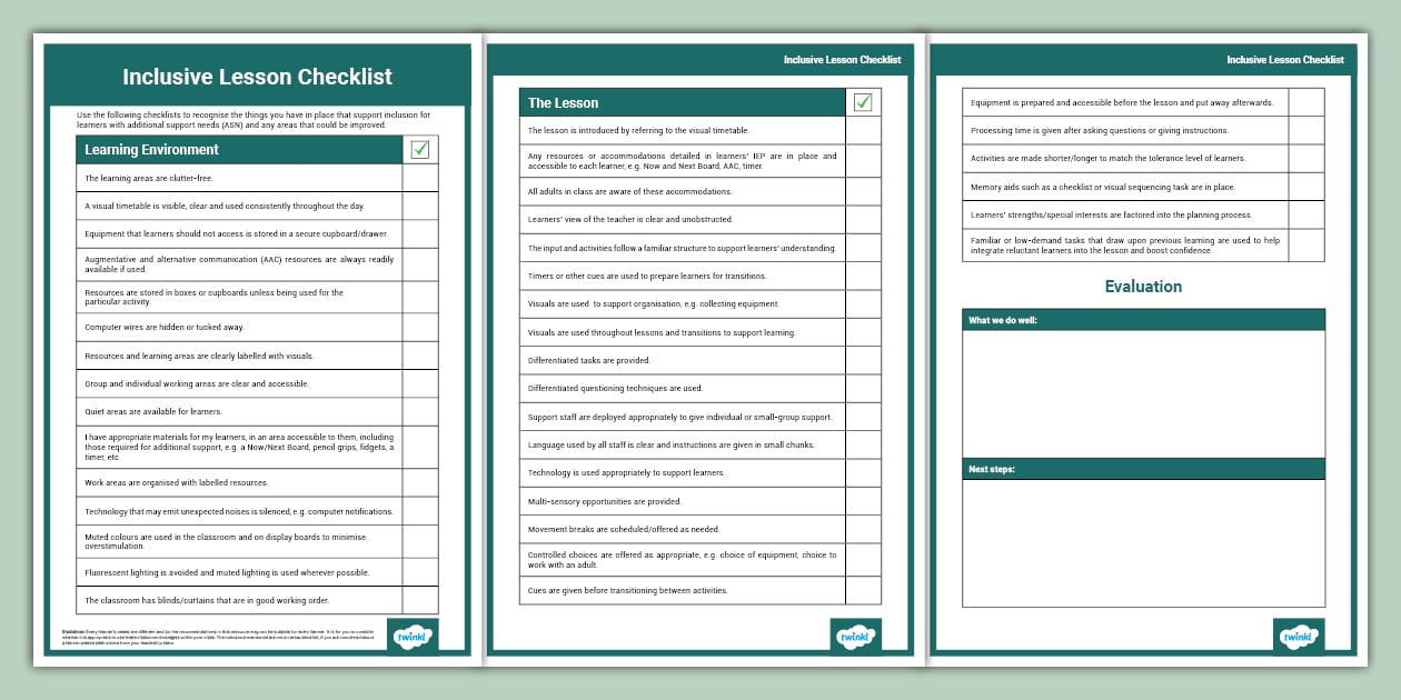 Inclusive Lesson Editable Checklist (teacher made) - Twinkl