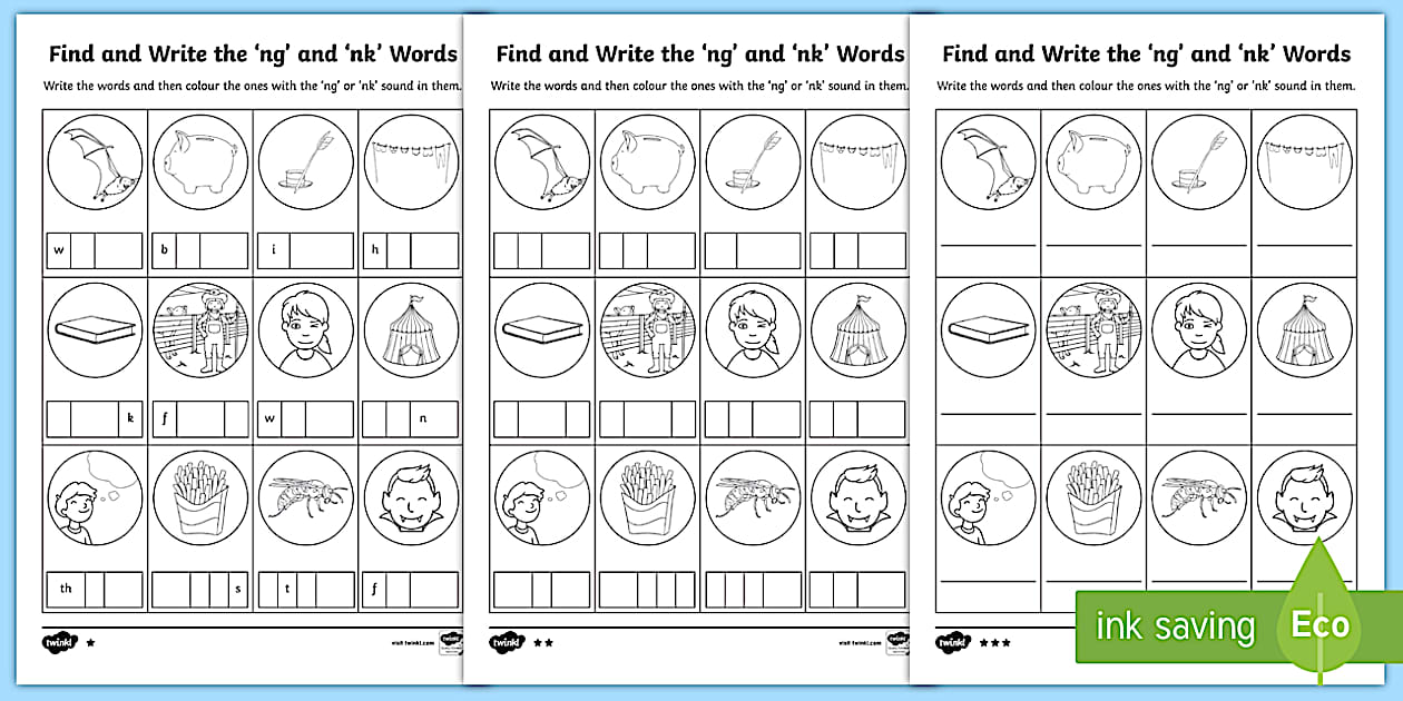 Middle Ability Find and Write the ng and nk Words Differentiated Worksheets